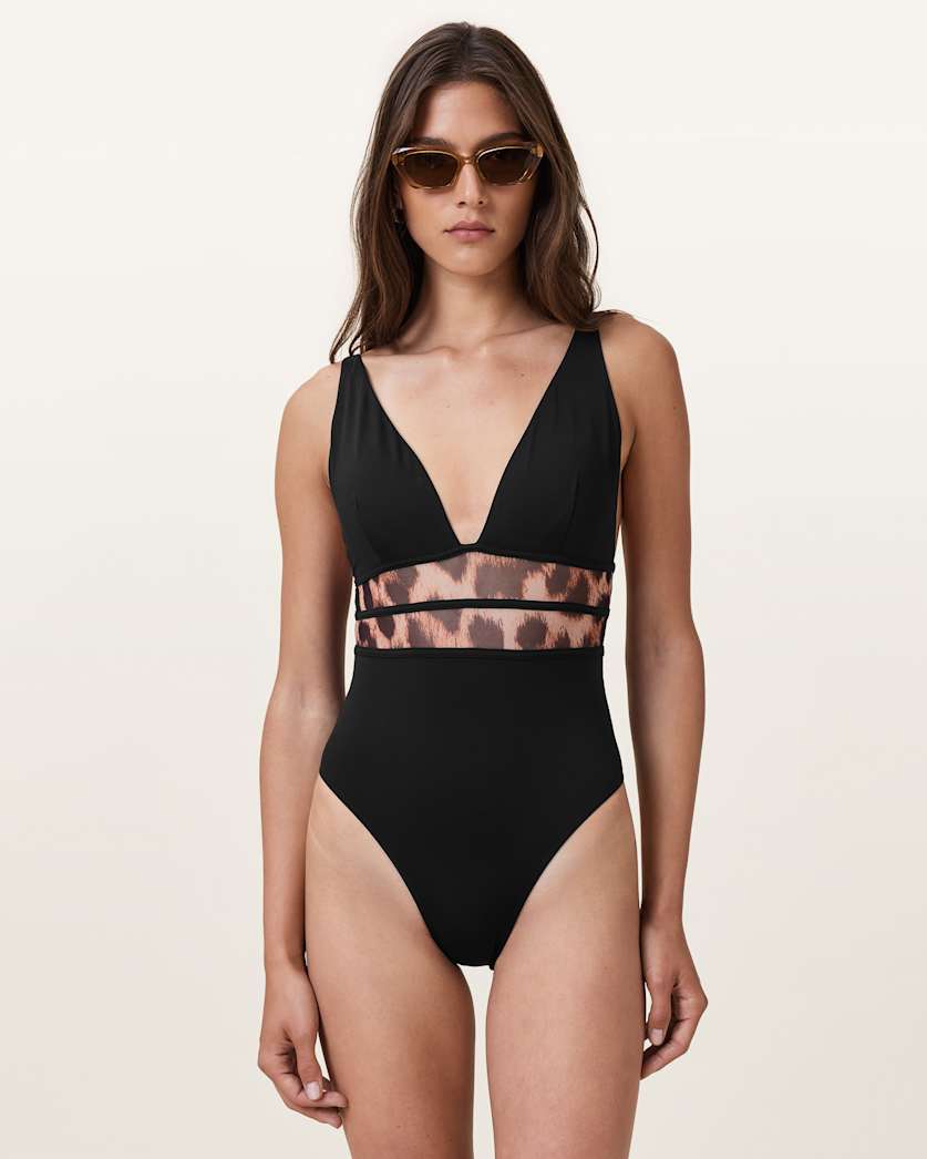 Xalia Mesh Leopard Print Swimsuit Black | ALLSAINTS
